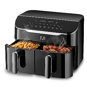 Multi GO219 5-in-1 Dual Zone Air Fryer: 8 Quartz Capacity with 2 Independent Frying Baskets and Independent Temperature Control, Smart Finish to Roast, Broil, Dehydrate Function, 1700W, Black.