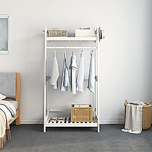 IOTXY Open Wood Garment Rack - White Solid Wood Freestanding Clothing Rack with Storage Shelves and Rod for Hanging Clothes, Open Shelving Wardrobe and Closet Organizer for Bedroom, 27.6" W