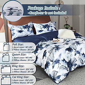 Mildly 100% Long Staple Cotton Duvet Cover Set Dark Blue Ginkgo Leaf Watercolor Comforter Cover Set