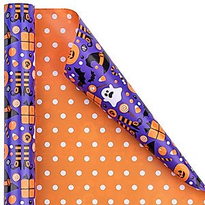 RUSPEPA Reversible Wrapping Paper Roll - Mini Roll - Pumpkin, Witch Hat, Bat and Ghost Pattern Great for Halloween, Party, Baby Shower - 17 Inches X 32.8 Feet