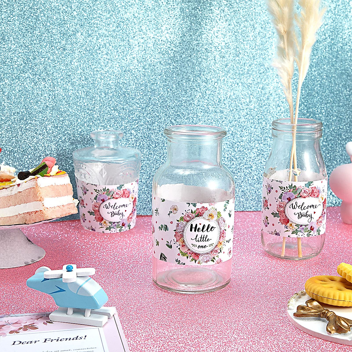 Chinco 48 Pieces Waterproof Baby Shower Water Bottle Labels Pink Water Bottle Wrappers Floral Bottle Labels Unisex Water Bottle Sticker Labels Shower Decorations for Baby Birthday Party, 4 Styles