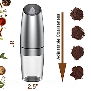 Gravity Electric Salt and Pepper Grinder Set of 2, Adjustable Coarseness, Automatic Mill Grinder, Battery Powered with Blue LED Light, One Hand Operated (Sliver 2 Pack)