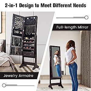 COSTWAY Standing Jewelry Cabinet Armoire, Large Storage Jewelry Organizer w/Full Length Mirror, 4 Adjustable Angles & 2 LED Lights, Lockable Mirror Jewelry Cabinet for Living Room, Bedroom, Brown