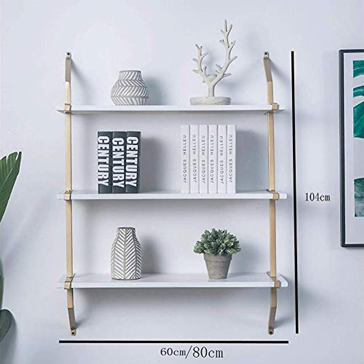 PIBM Stylish Simplicity Shelf Wall Mounted Floating Rack Shelves Simple Iron Art Solid Wood Bedroom Bookshelf Living Room Bearing Strong,2 Colours,4 Sizes, Golden Border , 60x26x74cm