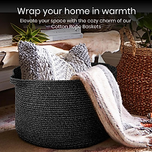 XXXL Large Blanket Basket 22x22x14 inch, Big Woven Basket for Blankets Storage, Throw Blanket Storage for Living Room Organizer, Extra Large Cotton Rope Laundry Blanket Basket for Cloth Storage -Black