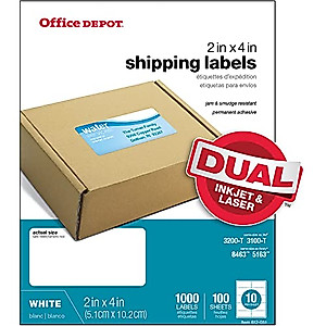 Office Depot White Inkjet/Laser Shipping Labels, 2in. x 4in., Box Of 1,000, 505-O004-0008