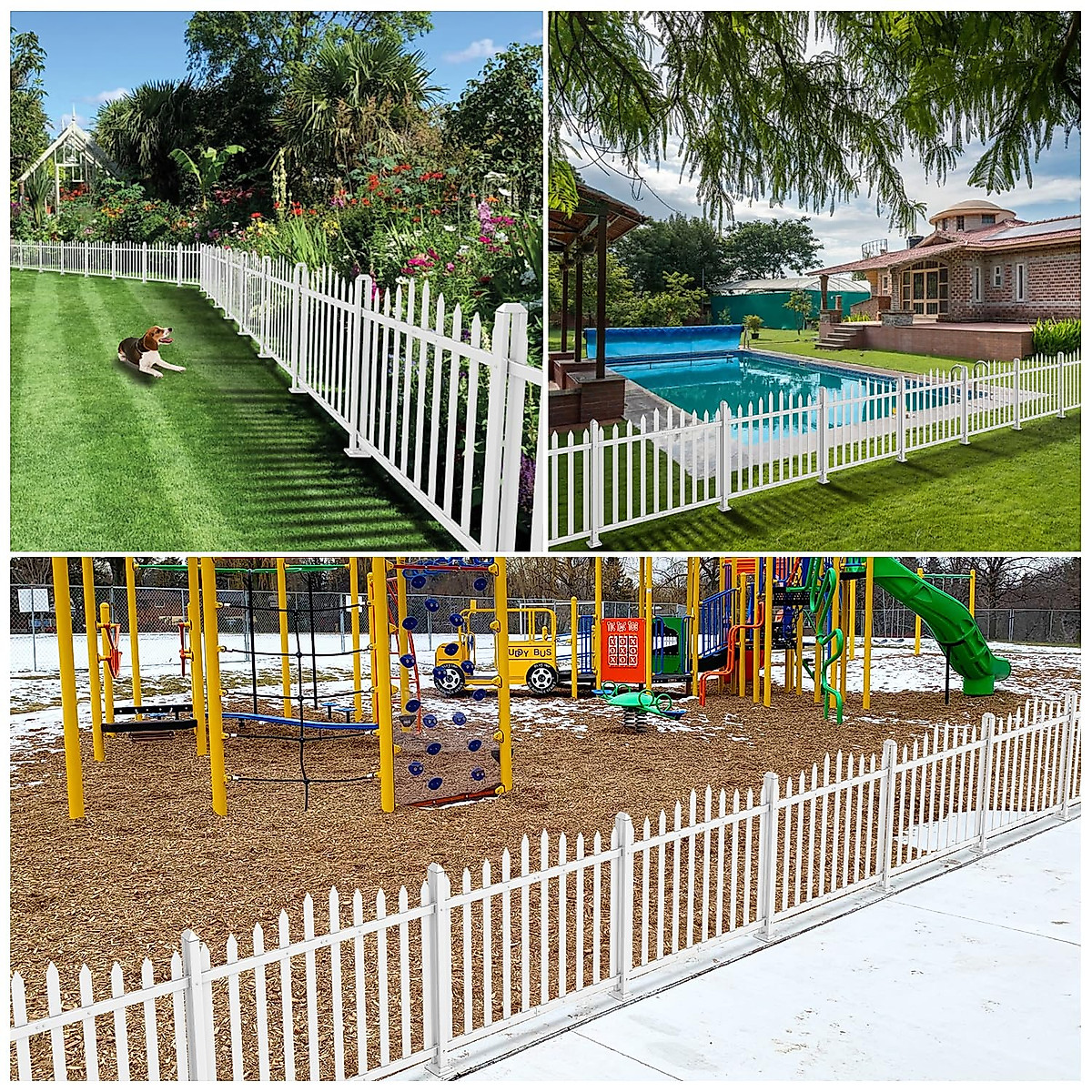 E&K 36"H x 84"W Vinyl White Picket Fence Panels Decorative Fencing for Front Porch Yard Garden Pool (20 Pickets, Scallop)