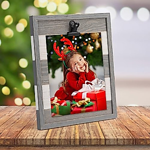 PETAFLOP Wooden Clip Picture Frame 5x7 Rustic, Handmade Farmhouse 5 by 7 Frame, Home Gallery Tabletop Decor for Display Photo Memo Artwork, Distressed White and Gray Strips