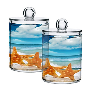 ALAZA 2pcs Summer Sea Beach Starfish Funny Qtip Holder Dispenser 14 oz Bathroom Storage Clear Apothecary Jars Containers Cotton Ball,Cotton Rounds,Floss Picks, Hair Clips, Food