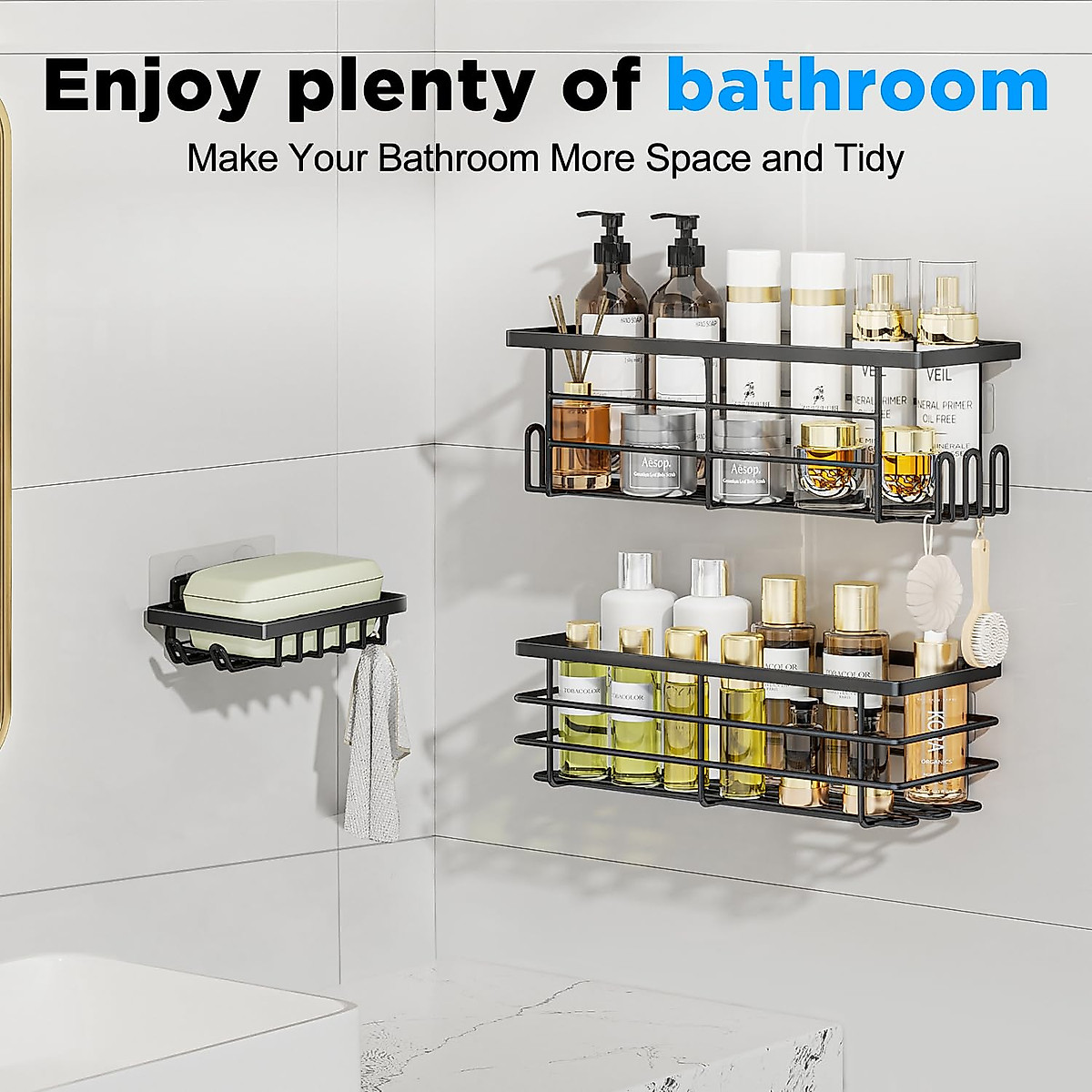 Fogf Shower Caddy 3 Pack, Adhesive Shower Organizer Rack, Wall Mounted, No Drilling, Large Capacity, Rustproof Stainless Steel Bathroom Organizer With 10 Hooks, Shower Caddy Shelf