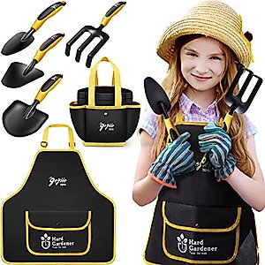Kids Gardening Set, Geyiie Kids Gardening Tools for Girls Boys Childrens Toddler Gardening Set Garden Toys for Kids Ages 2+ Gardening Kit Garden Gift Sets, Shovel, Rake, Trowel, Tote Bag, Apron (6PCS)