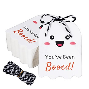 80 Pcs Halloween Tags with String, You've Been Booed Gift Tags, Happy Halloween Tags for Goodie Bags, Cute Halloween Name Tags Stickers, Boo Bags Halloween Hanging Tags Candy Bag Halloween Wrap Tags