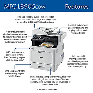 Brother MFC‐L8905CDW Business Color Laser All‐in‐One Printer, 7” Touchscreen Display, Duplex Print/Scan, Wireless
