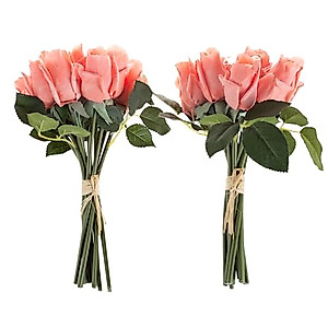 Pure Garden Rose Artificial Flowers - 24Pc Real Touch 11.5-Inch Fake Flower Set with Stems for Home Decor, Wedding, or Bridal/Baby Showers (Coral)
