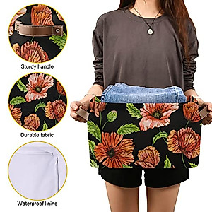 Red Poppy Square Storage Basket Flowers Black Storage Bins Canvas Toys Box Closet Shelf Decorative Organizer Bag with Handles for Bedroom Home Office, 1 Pc