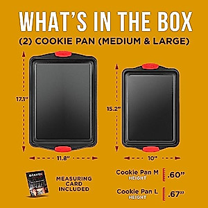 2 Piece Set Nonstick Carbon Steel Oven Bakeware -Professional Quality Kitchen Cooking Baking Trays -PFOA, PFOS, PTFE-Free Small & MediumBaking Sheet Pans with Red Silicone Handles
