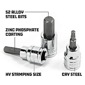 Powerbuilt Hex Bit Socket Set, 8 Piece, 3/8 Inch Drive Metric, Sizes 3-10mm, Ball End Sockets, Storage Rail - 642405