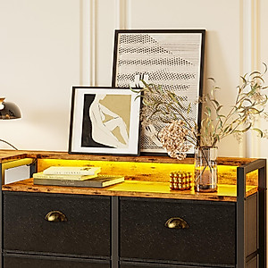 IRONCK Dresser with Power Outlets and LED Lights, 8 PU Leather Drawers Dresser with Charging Station, Wide Chests of Drawers for Closet, Bedroom, Hallway, Vintage Brown Black