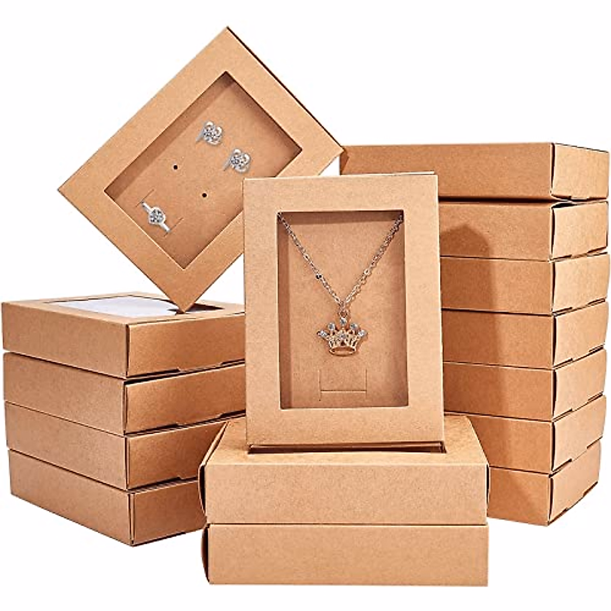 FINGERINSPIRE 16sets 4.5x3.4x1 Inch Jewelry Display Kraft Paper Drawer Box with Clear Window, Jewelry Necklace Boxes Ring Earring Jewelry Gift Boxes in Bulk for Earing Pendants Rings Storage Display