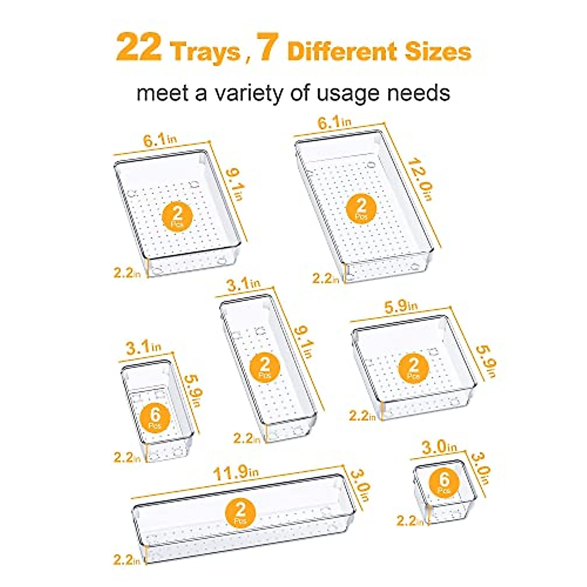 SMARTAKE 22-Piece Drawer Organizers, 7 Sizes Desk Drawer Dividers with Non-Slip Pads, Plastic Dresser Storage Tray Sets, Cosmetic Makeup Jewelries Trays, for, Kitchen, Office, Home, Bathroom (Clear)
