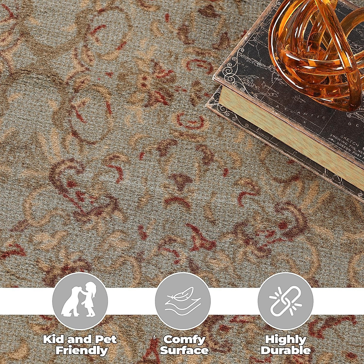 Superior Indoor Runner Rug, Jute Backed Rugs for Bedroom, Living/Dining Room, Office, Entryway, Hallway, Kitchen, Traditional Floral Scroll Floor Decor, Heritage Collection, Green, 2' x 11'