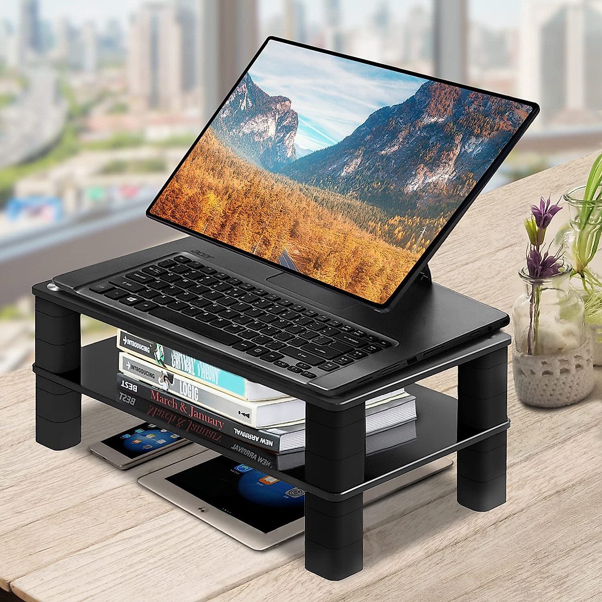 TAVR Monitor Stand Riser, 2 Tier Monitor Stand with Storage Organizer and Adjustable Height for Computer Laptop PC Printer Screen, Black