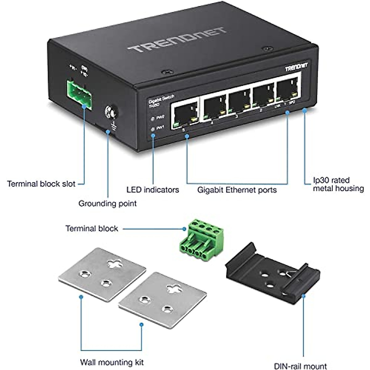 TRENDnet 5-Port Hardened Industrial Gigabit DIN-Rail Switch, 10 Gbps Switching Capacity, IP30 Rated Network Switch (-40 to 167 ºF), DIN-Rail and Wall Mounts Included, Lifetime Protection,Black,TI-G50