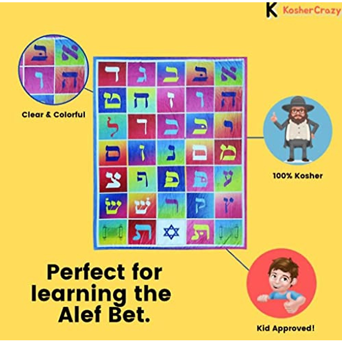 KosherCrazy Throw Blanket, Novelty Jewish Blanket Funny, Comfortable, Soft and Cozy for Adult or Children (Alef Bet (Hebrew Alphabet))