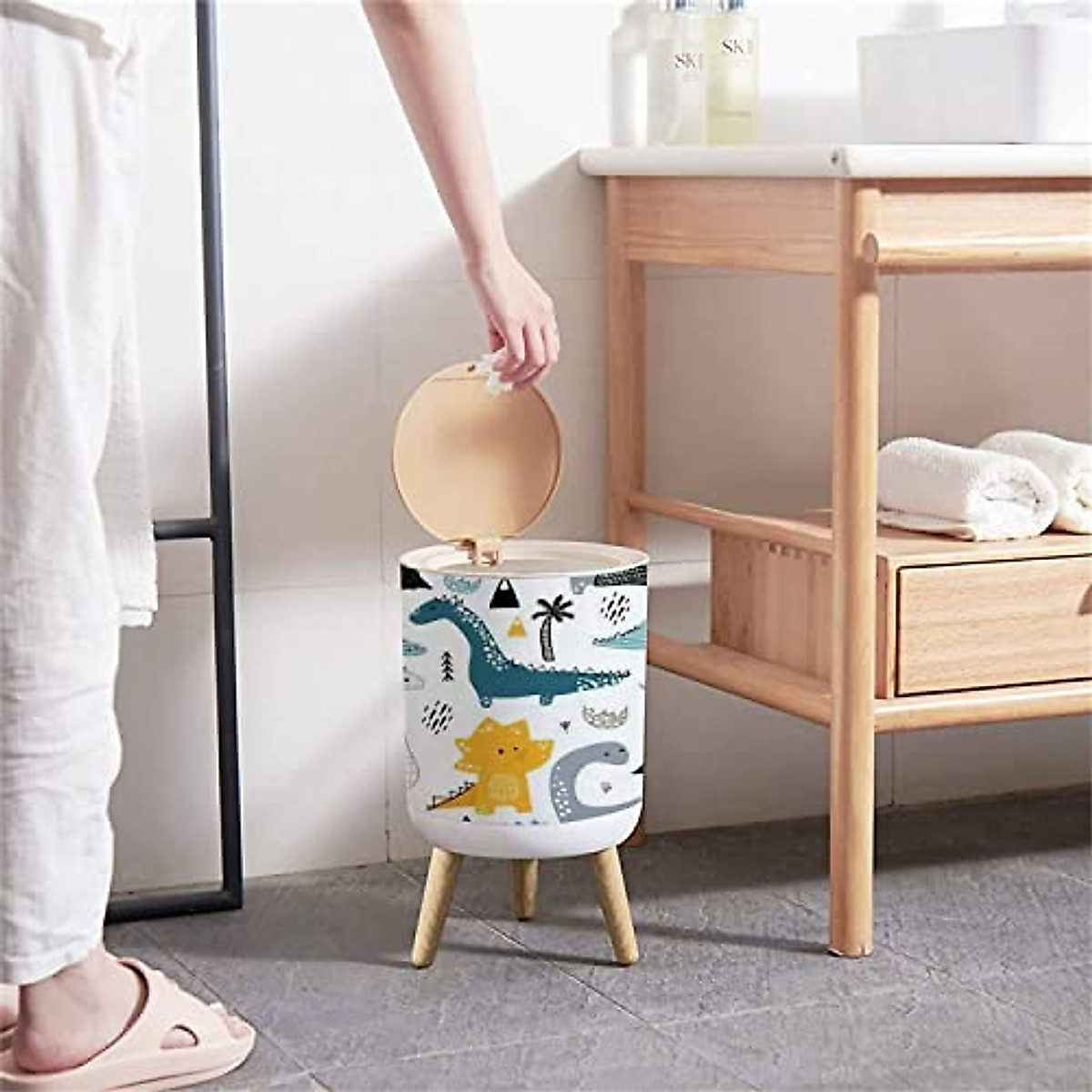 Nordic Style Trash Can - Childish seamless with hand drawn dino in scandinavian style Creative Push Top Trash Can with Lid - Scandinavian Modern Garbage Can - Round Trash Bin w/ Legs for Kitchen/Bathroom/Dog proof, 1.8 Gallon - 7L