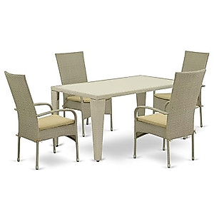 East West Furniture GUOS5-03A 5 Piece Outdoor Patio Conversation Sets Includes a Rectangle Wicker Dining Table with Glass Top and 4 Balcony Backyard Armchair with Cushion, 36x60 Inch, Natural Linen