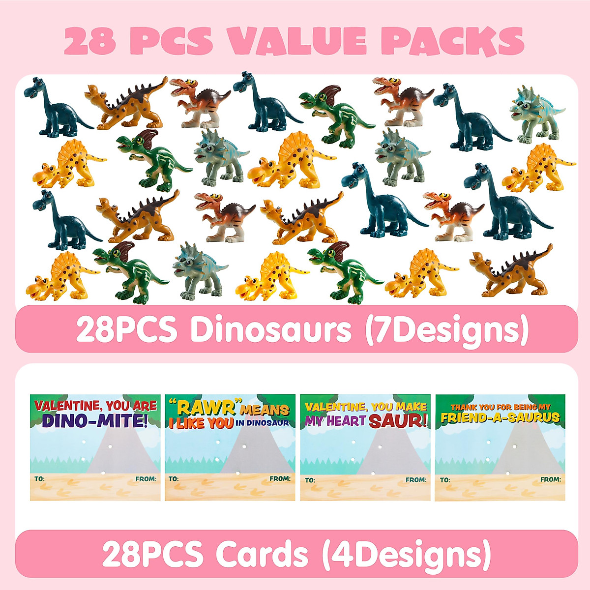 JOYIN 28 PCS Valentines Day Gifts Cards with Dinosaur Figure Toys for kids, Valentine's Greeting Cards for kids classroom gifts, Classroom Exchange Prizes for Boys Girls Classroom Party Favor