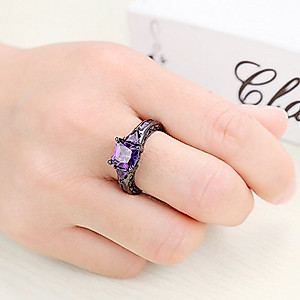 SUKKCCNO Vintage Amethyst Cubic Zirconia Rings Gothic Purple Crystal Square Cut Black Rings Wedding Band Anniversary Mother's Day Holiday Gift Jewelry (Size-8)