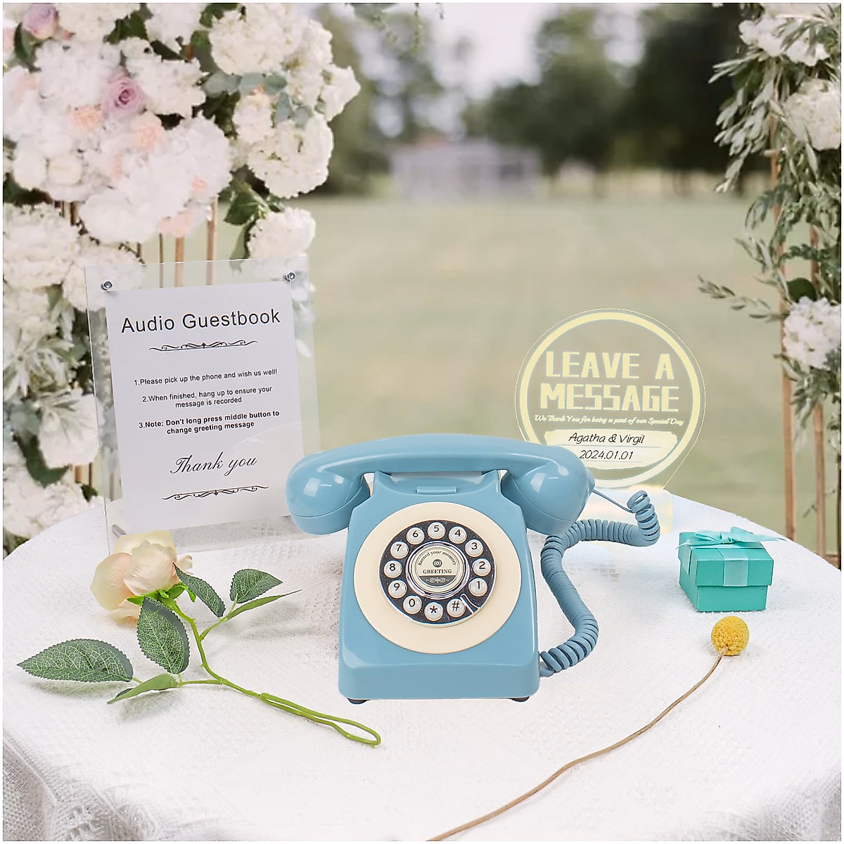 Audio Guest Book Wedding Phone, Wedding Guest Book Alternative with RGB LED Sign and Frame, Record Audio Message Guest Book for Wedding Bridal Shower Baby Shower Anniversary Birthday Party (Blue)