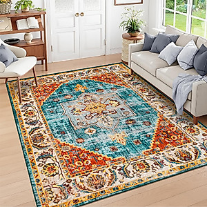 INGEROOM Washable Area Rugs for Living Room Vintage Large Area Rug 5×7 Boho Rug Non-Slip Carpet Machine Washable Area Rugs for Bedroom and Kitchen Made of Faux Wool Ruggable Rugs