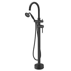 Wowkk Tub Filler Freestanding Bathtub Faucet Black Floor Mounted Brass Bathroom Tub Faucets with Hand Shower