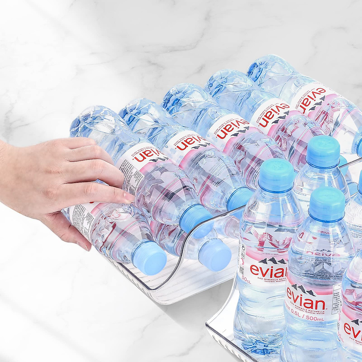 Puricon 2 Pack Water Bottle Dispenser Organizer for Refrigerator, Clear Plastic 16.9oz Water Bottle Container Storage Bin for Fridge Freezer Pantry Cabinet Kitchen -for Water Bottle