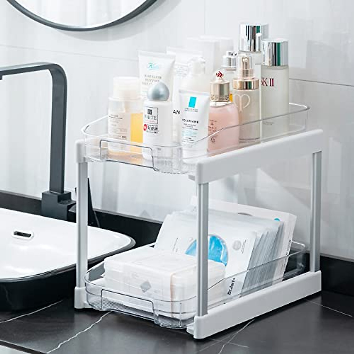Nyxozonny 2-Tier Pull-Out Sliding Under Sink plastic Stackable Organizer for Bathroom & Cabinet & Kitchen Storage,Plastic Drawer & ABS Pole, Anti-Rust,White