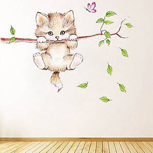 Woodland Arts Wland 28 inches x 22 inches Cartoon Cute Cat on The Tree Branches Wall Decals Wall Stickers Decor Girls Bedroom Decal Kids Nursery Sticker Bathroom Playroom