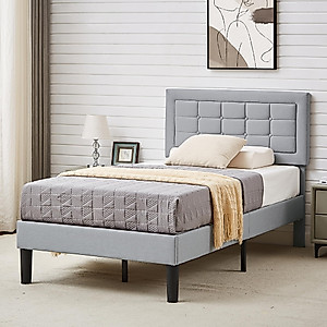 VECELO Twin Size Bed Frame with Adjustable Headboard, Upholstered Button Tufted Platform Bedframe with Wood Slats Support, No Box Spring Needed, Moon Grey