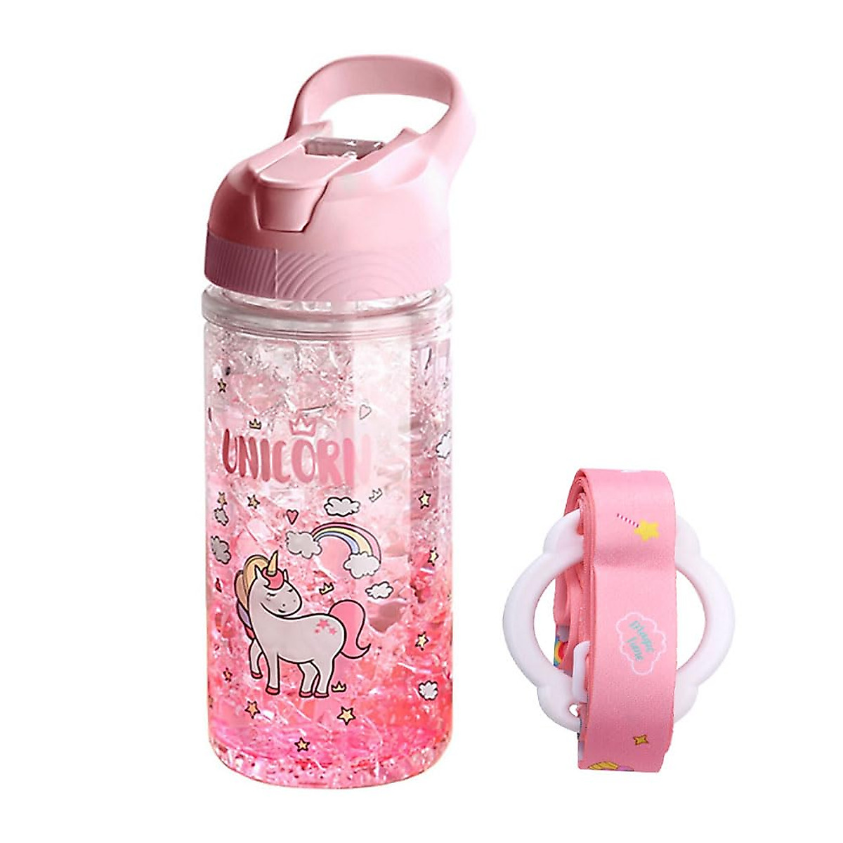 XinHuiGY Unicorn Water Bottles for Girls,Cute Cup with Straw and Safety Lock, Outdoor Indoor Pink Water Bottle with shoulder strap,400ML/13.5oz Kawaii water bottle for girl boy unicorn lover