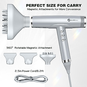 Slopehill Professional Hair Dryer With Diffuser, Ionic, Powerful & Fast Salon Blow Dryer, 110,000 RPM Brushless Motor, Light & Compact for Home Travel (Silver)