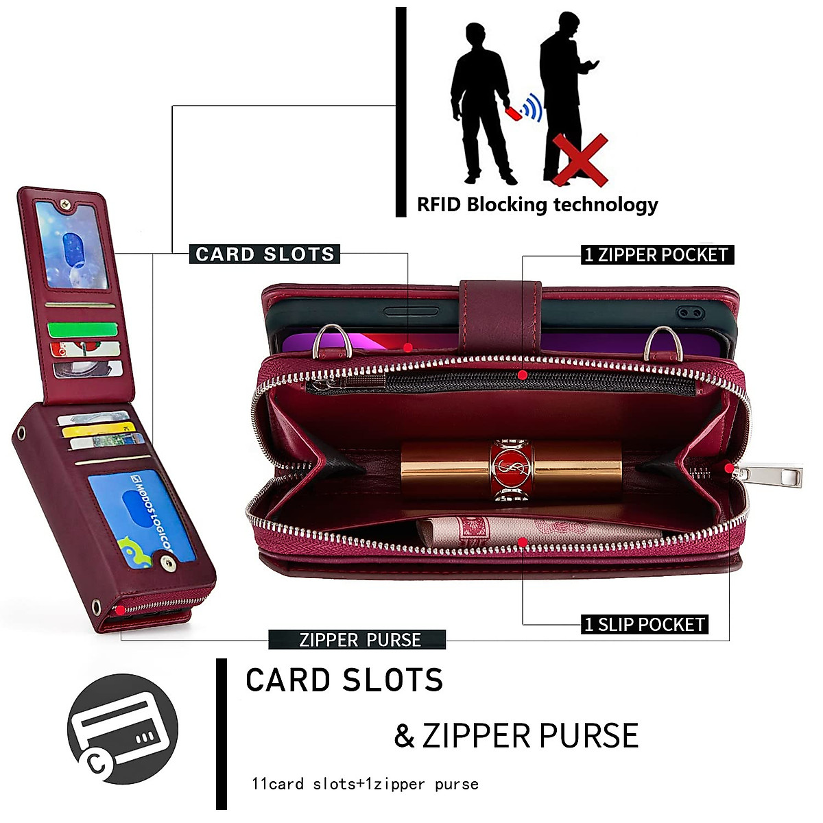 MODOS LOGICOS Crossbody Bag for iPhone 13 6.1", [Shoulder Wrist Straps] [Zipper Storage] [11 RFID Card Slots 3 ID Window] PU Leather Purse with Removable Inner Magnetic TPU Case - Wine Red