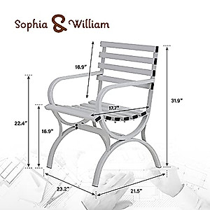 Sophia & William Outdoor Garden Park Chair Patio Metal Single Seater Bench, Steel Frame Furniture with Backrest and Armrests for Porch Yard Lawn Deck, White