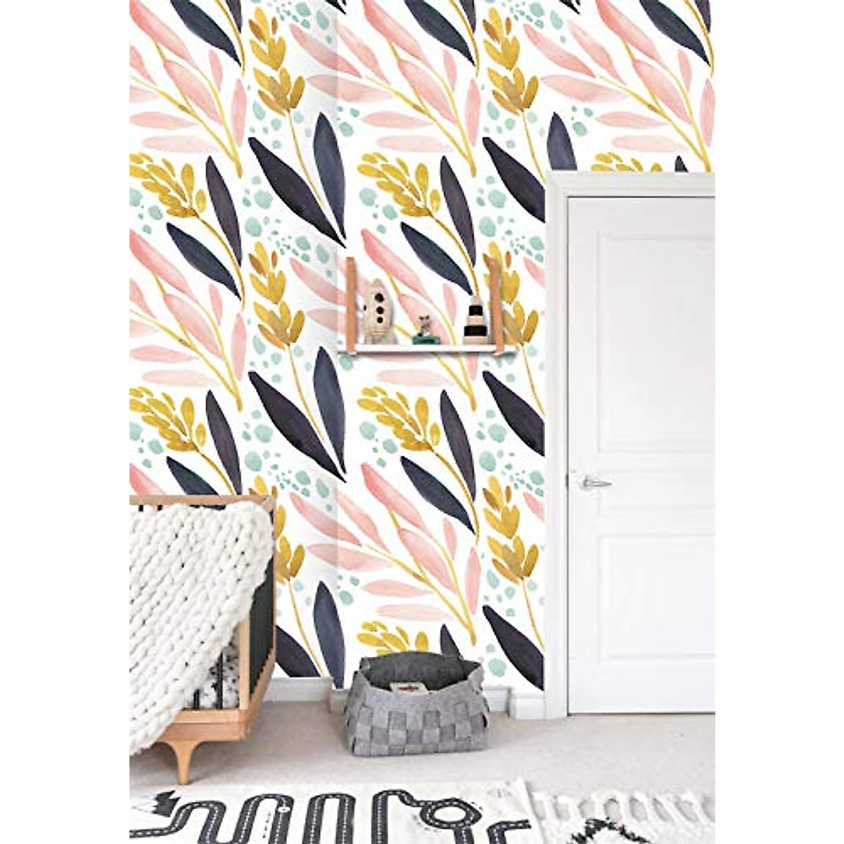 HAOKHOME 93027 Watercolor Forest Peel and Stick Wallpaper Removable White/Pink/Navy/Yellow Floral Vinyl Self Adhesive Shelf Liner 17.7in x 9.8ft