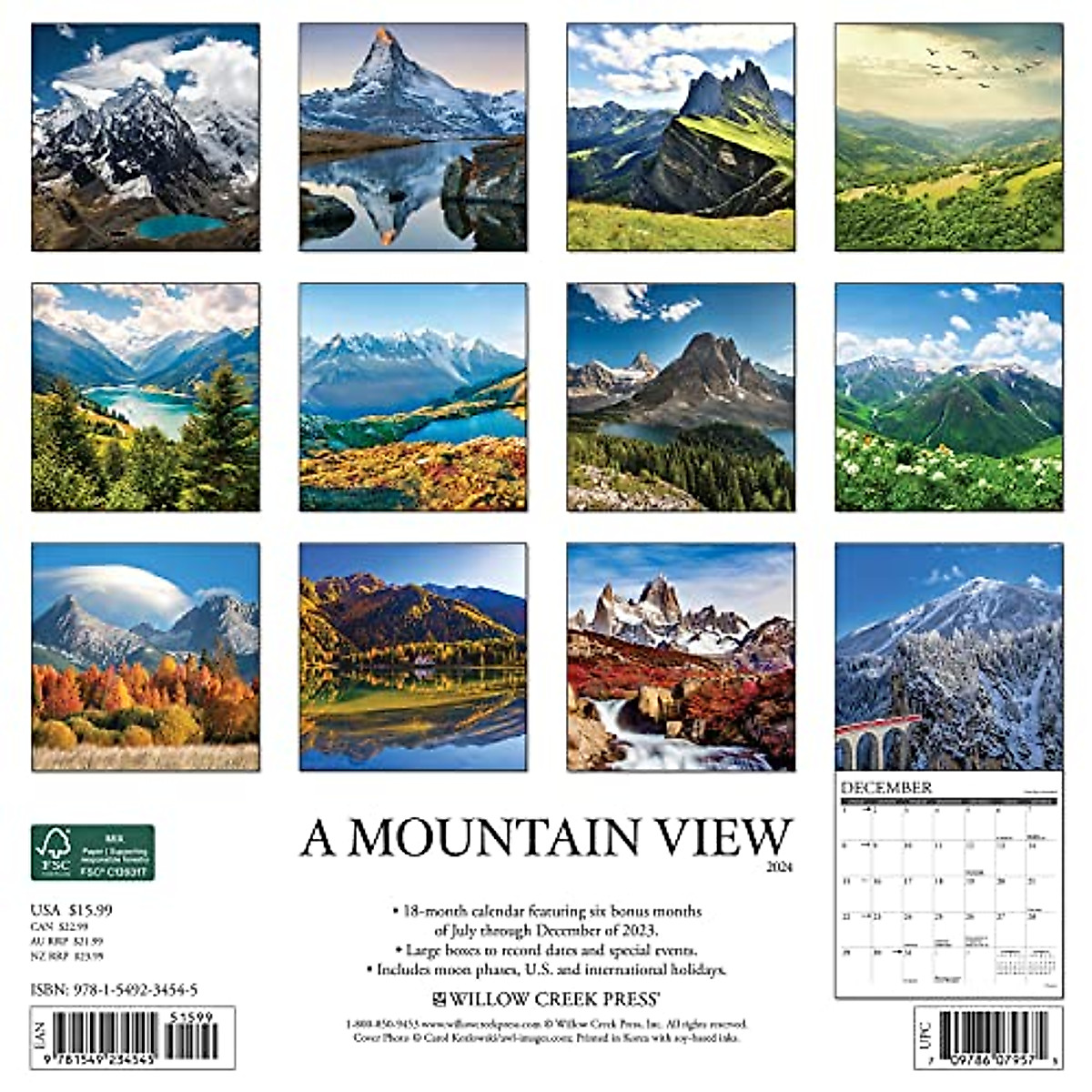 Willow Creek Press Mountain View Monthly 2024 Wall Calendar (12" x 12")