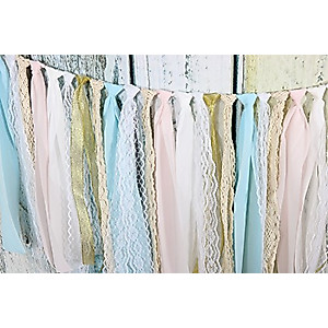 Fabric Tassel Garland Rag Tie Garland Shabby Chic Blush Banner for Wedding Decor Baby Shower Party Decor Home Decor Wall Hanging Boho Decor Birthday Banner (Pink+Gold+Blue)