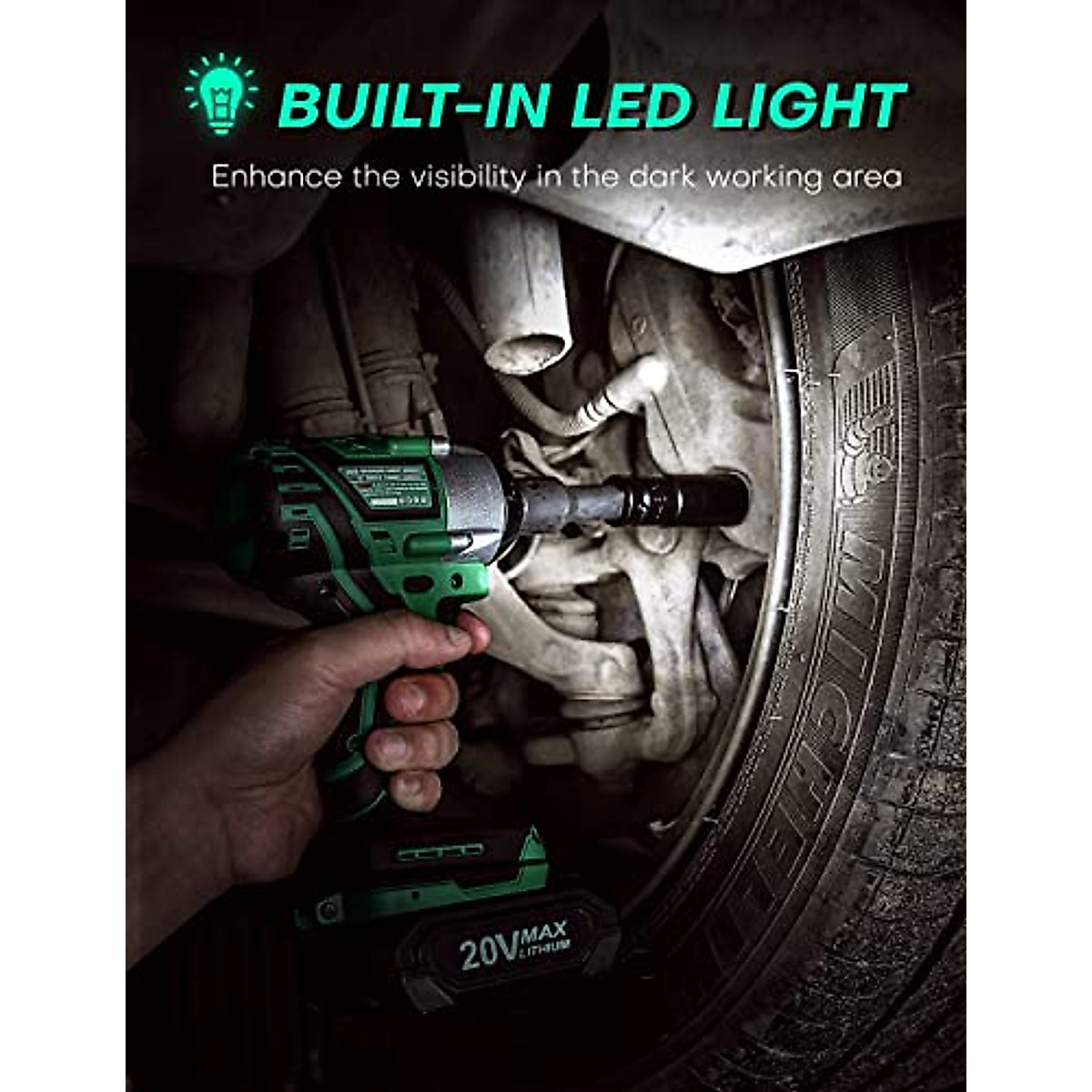 K I M O 1/2 Inch Cordless Impact Wrench, Green, Metal