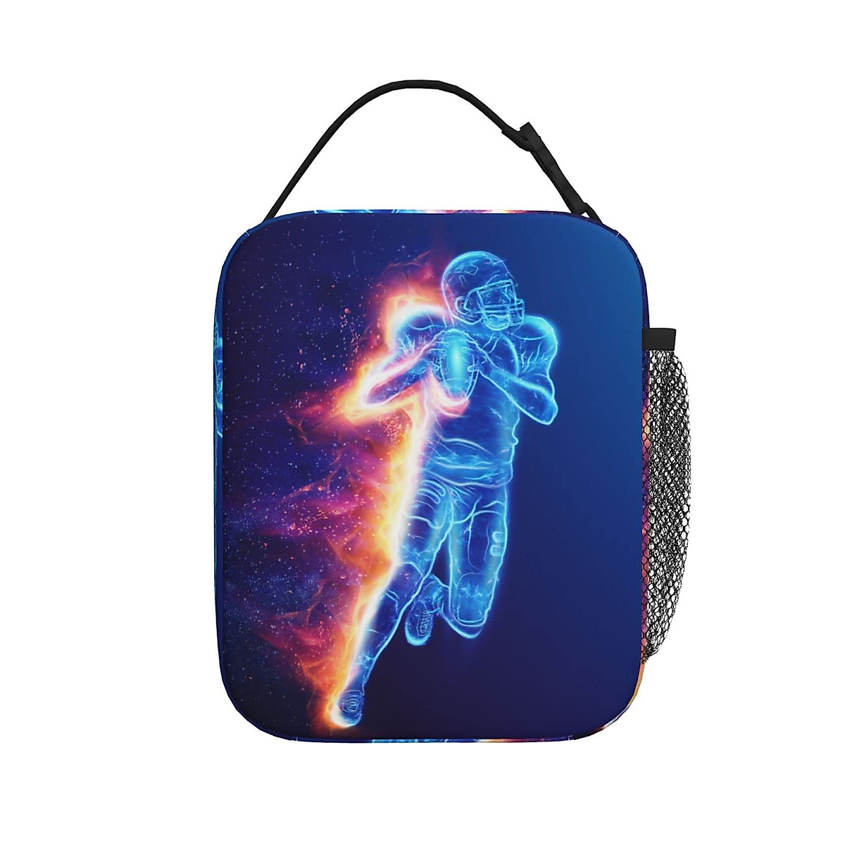 EKAZROMY Boys Football Insulated Lunch Box Bag with Name, Black Lunchboxes with Personalized Text Design, Food Container Tote Bag with Multi-Pocket for Office Work Outdoor Picnic