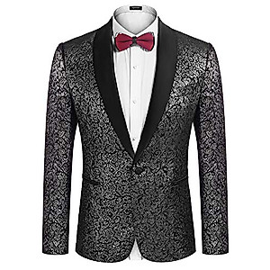 COOFANDY Mens Floral Tuxedo Jacket Dinner Jackets Blazers Paisley Shawl Lapel Formal Suit Jacket Slim Fit for Christmas Prom Party Silver