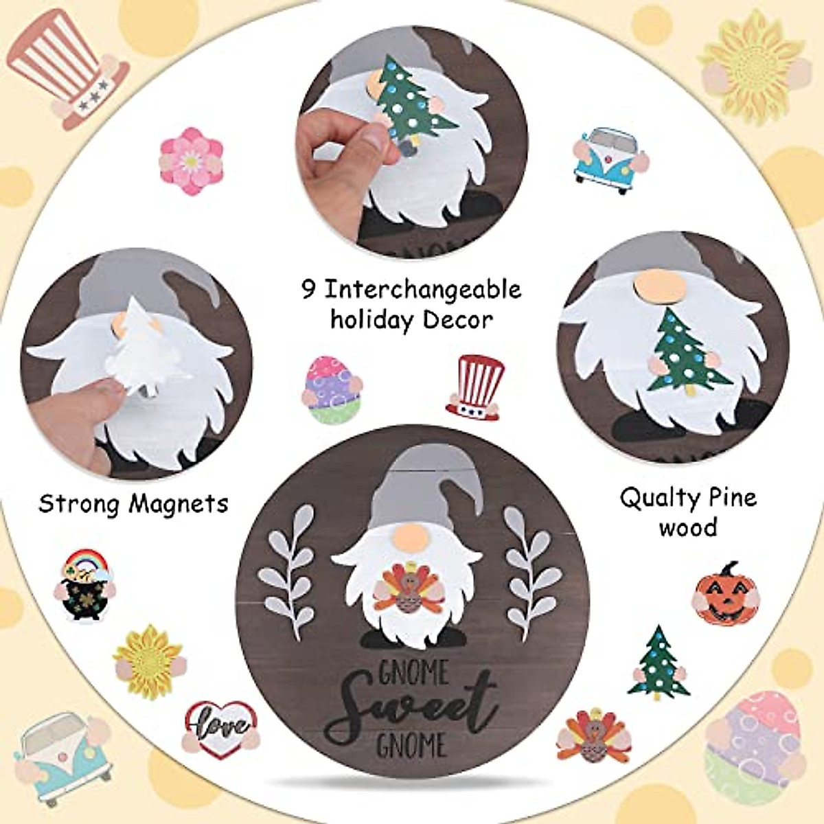 WONDER GARDEN Interchangeable Welcome Home Sign - Seasonal Front Porch Door Decor With 10 Changeable Seasonal Icons for Easter/Halloween/Christmas/Independence Day, Gnome Yard Porch Sign Best House Warming Gifts